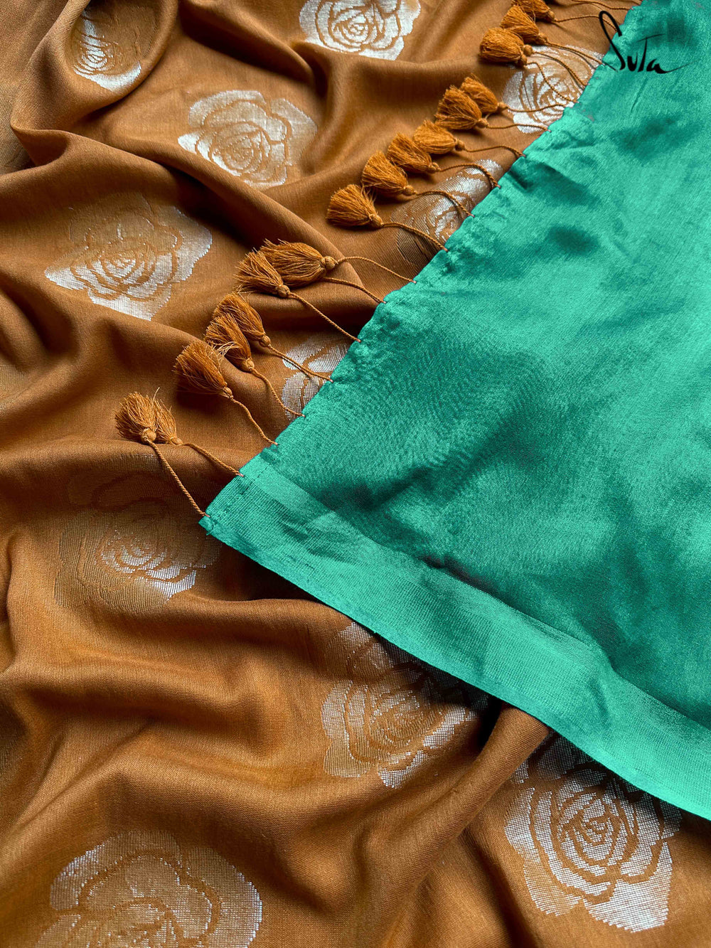 Floral Zari Festive Saree In Yellow & Teal|His Phool|Suta