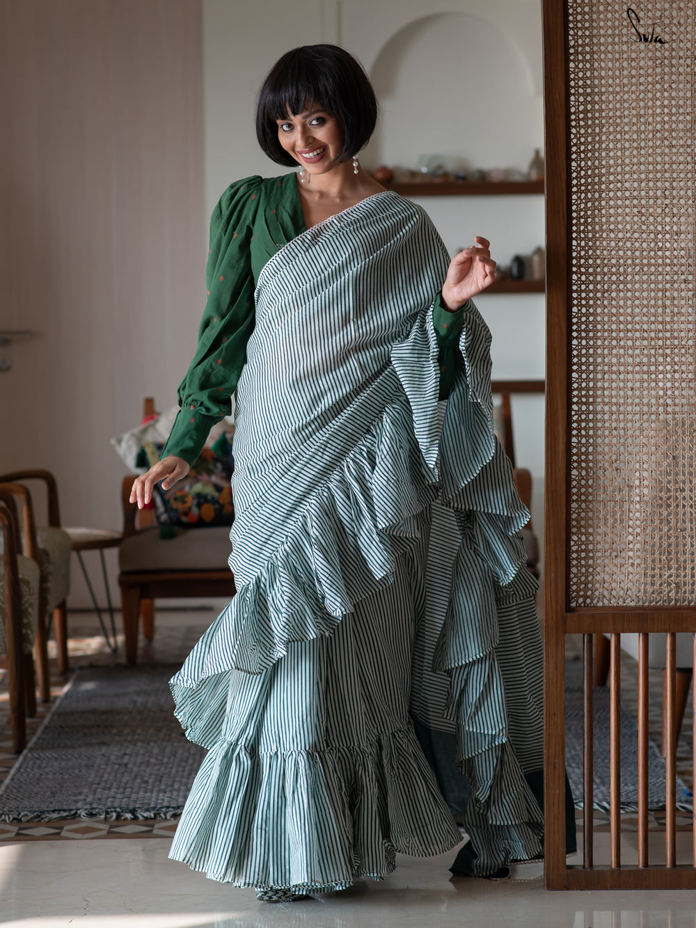 Cotton Light Green Ruffle Saree With Stripes|Krish Ananya|Suta