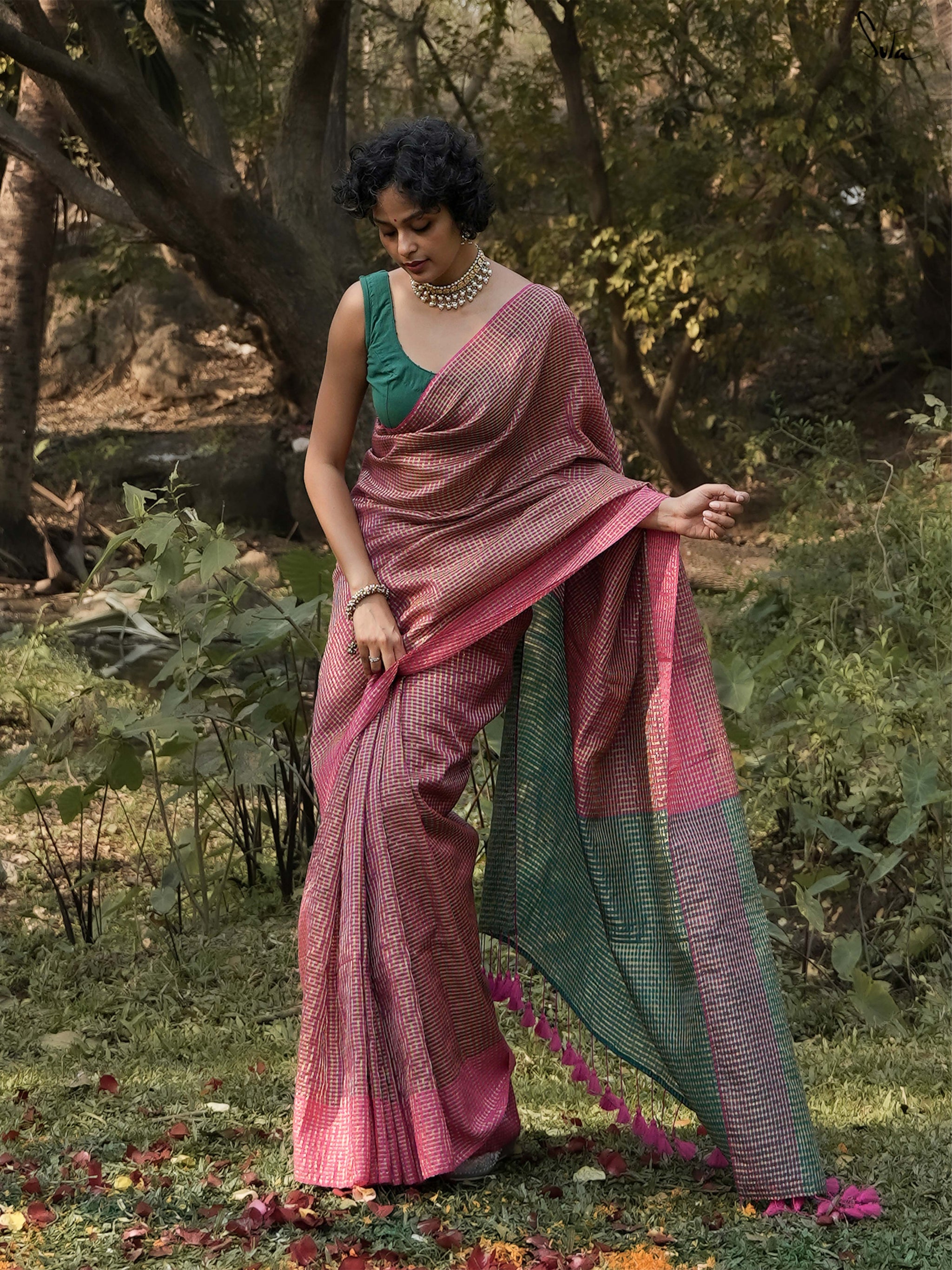 Cotton Zari Traditional Saree In Pink And Green|Kesariya|Suta
