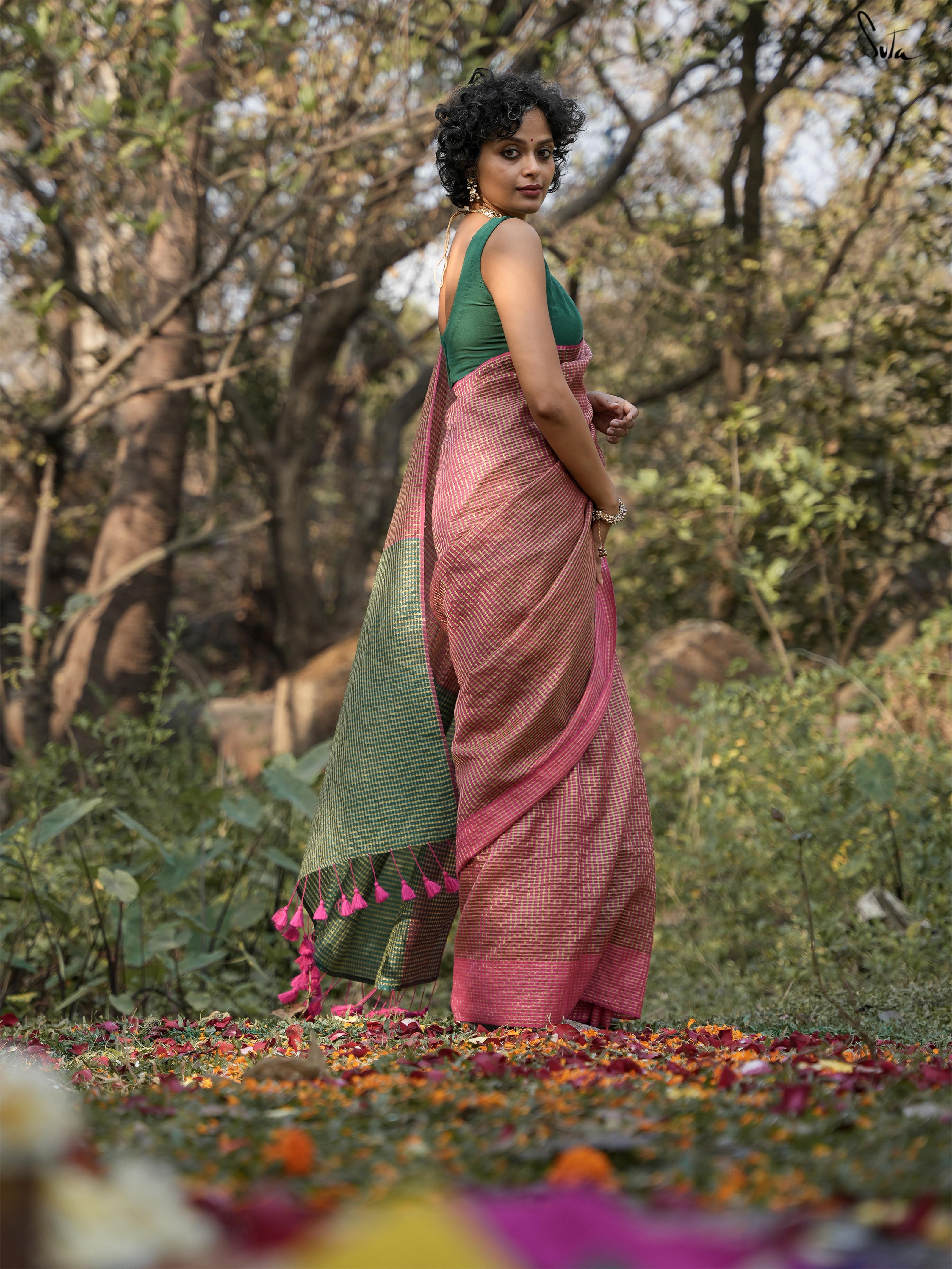 Cotton Zari Traditional Saree In Pink And Green|Kesariya|Suta