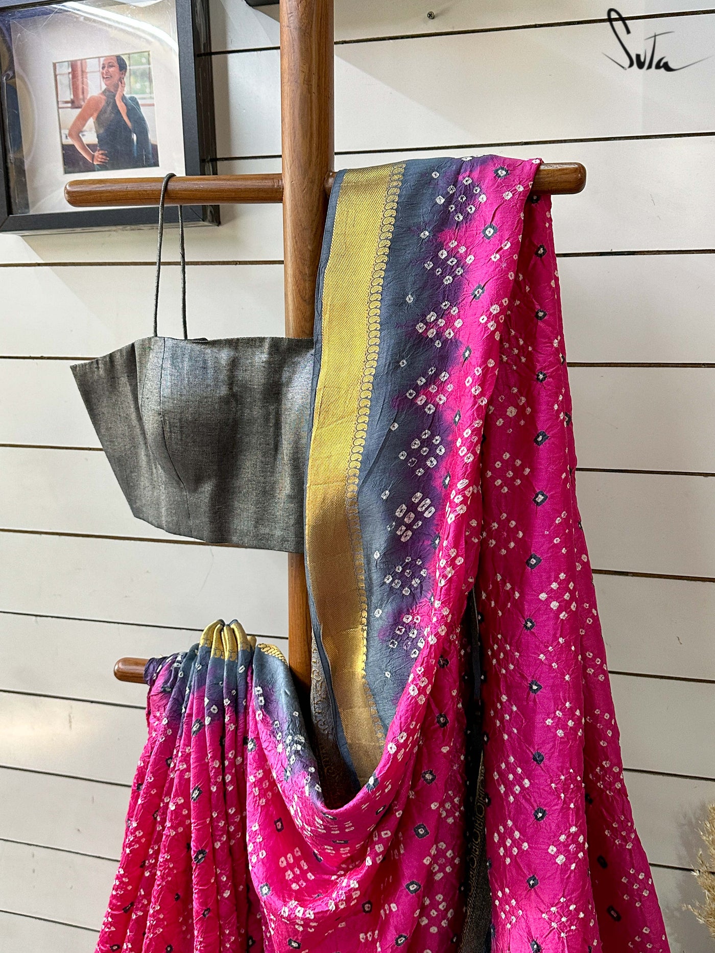 Gajji Silk Zari Bandhani Designer Saree In Pink|Malati|Suta