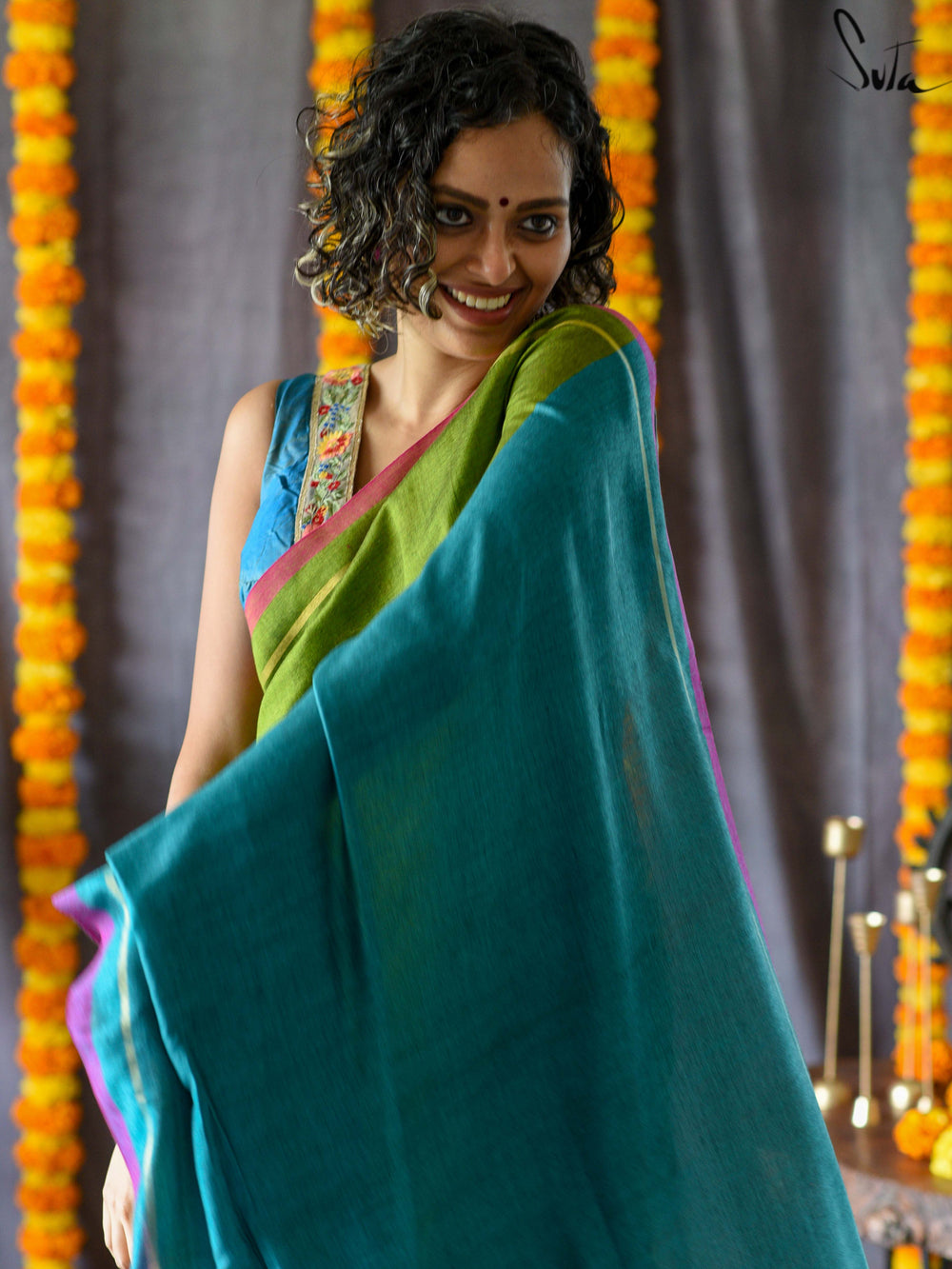 Zari And Cotton Saree In Green And Blue|Meethi Mirchi|Suta