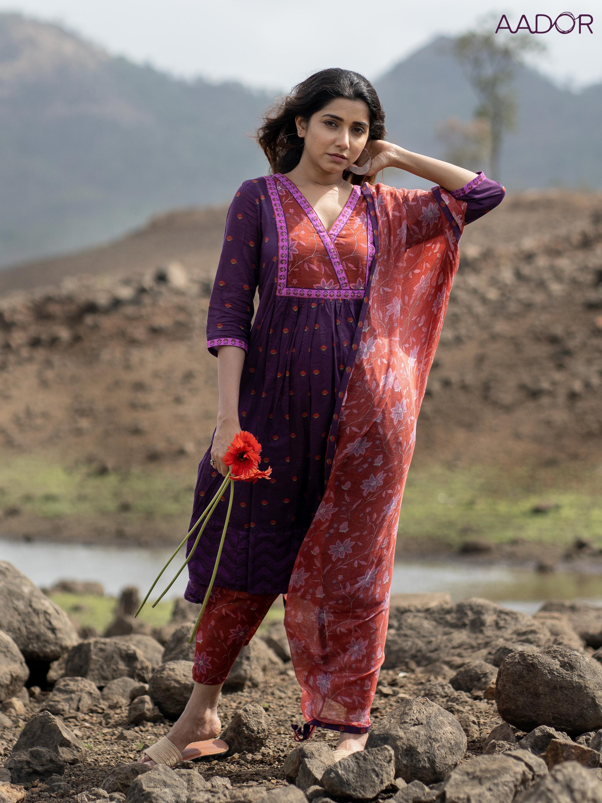 Purple Mulmul Cotton Kurta Set With Dupatta|Misty Finching|Suta
