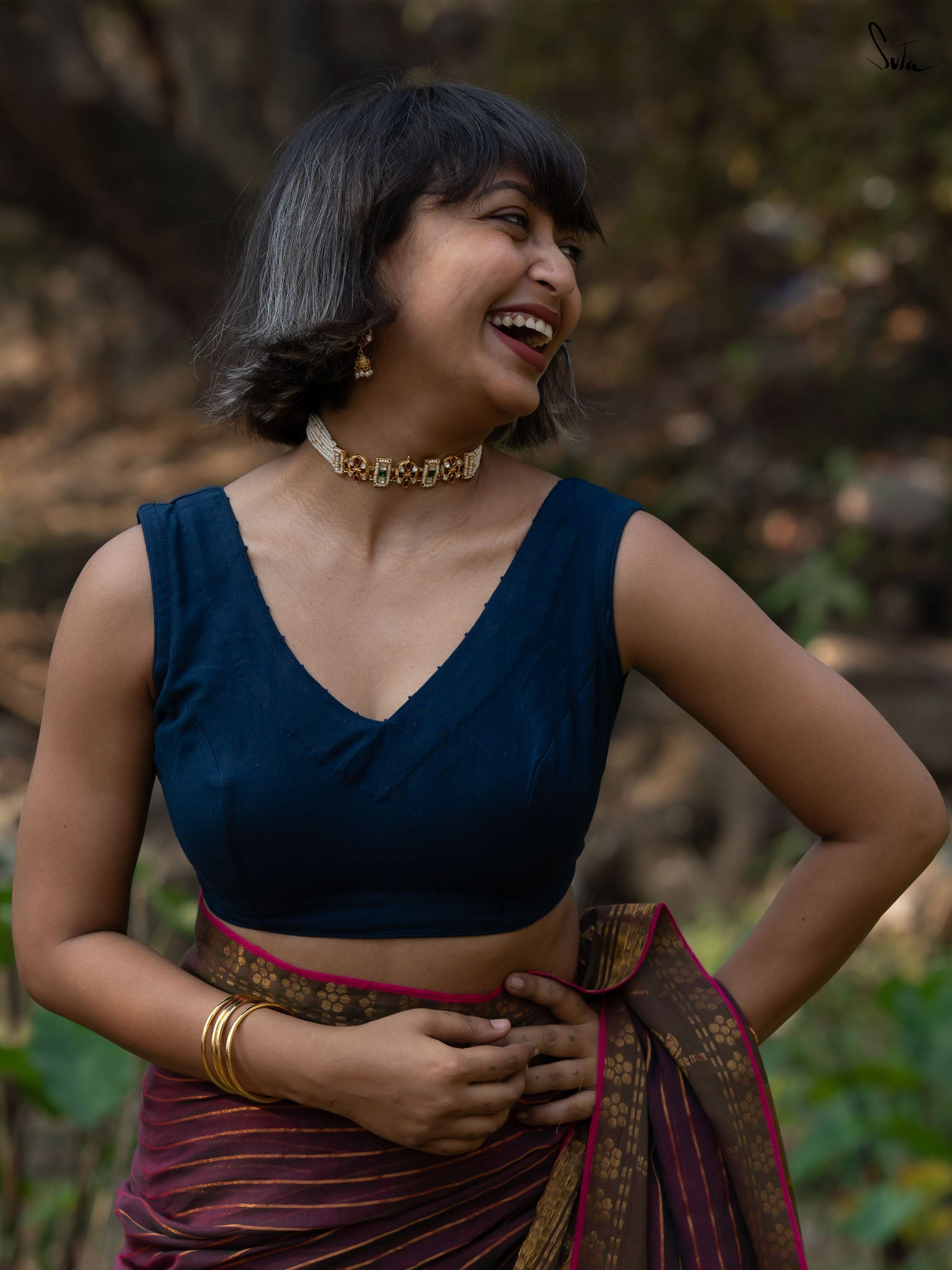 Soft Cotton U Neck Sleeveless Navy Blue Blouse|Tamasa|Suta
