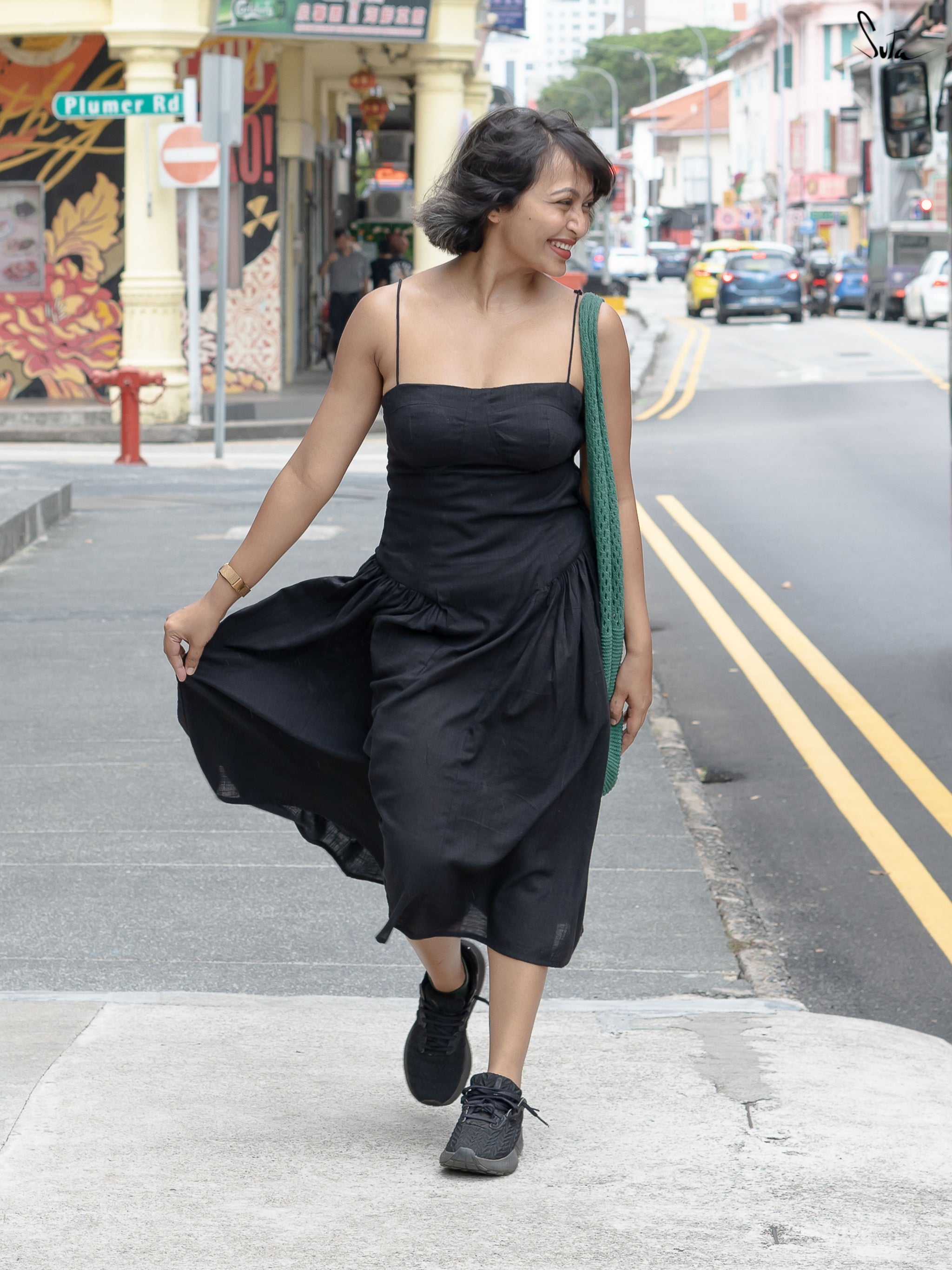 One Piece Noodle Strap Cotton Black Dress For Women|Poppy|Suta