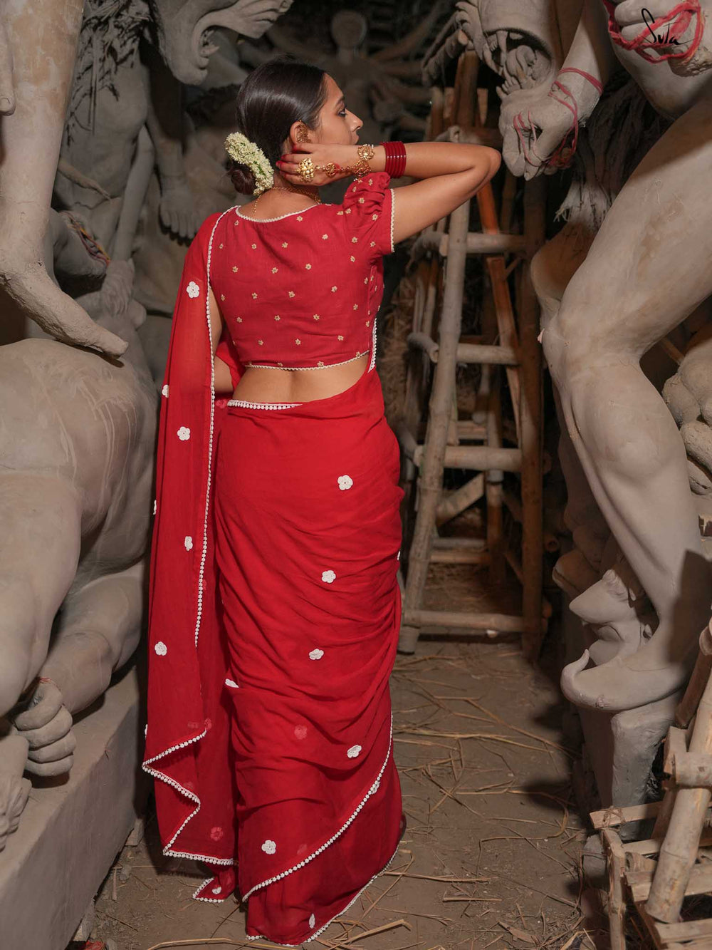 Floral Design Mul Cotton Red Saree For Pujo|Pujor Dhaak|Suta