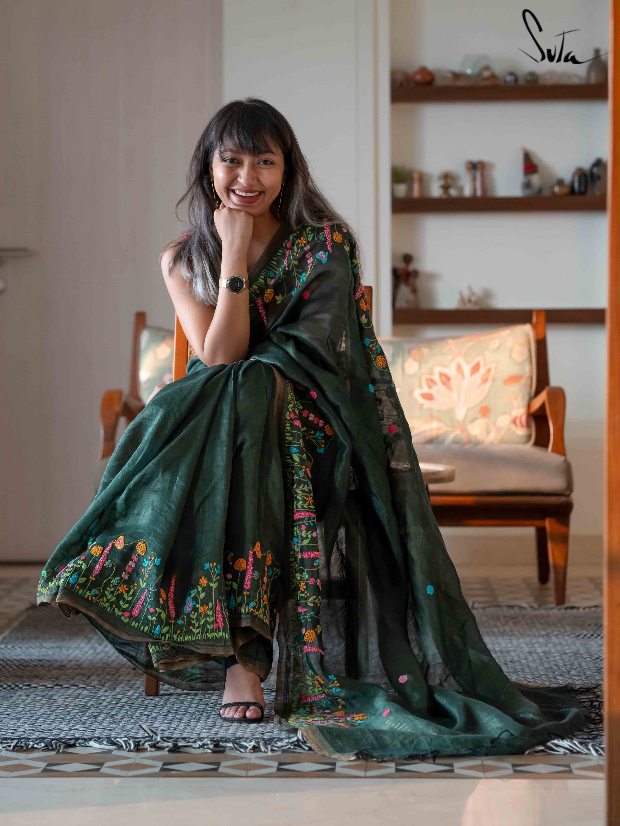 Linen Floral Embroidery Bottle Green Saree|Simply Yours|Suta