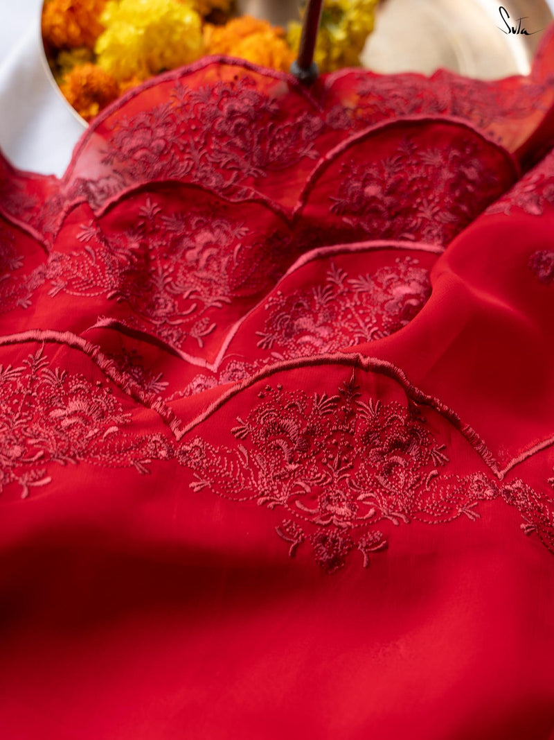 Embroidery Pallu Organza Saree In Red|Shidur Khela|Suta