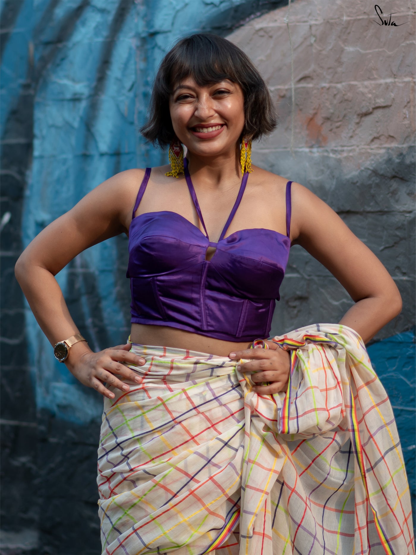 Purple Viscose Cotton Halter Opening Padded Blouse|Violet Myst|Suta