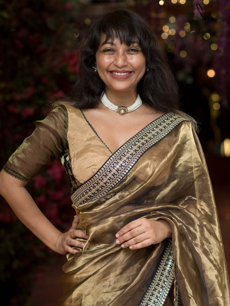Shimmer Gold Chanderi Silk Saree With Lace Border|Amber|Suta