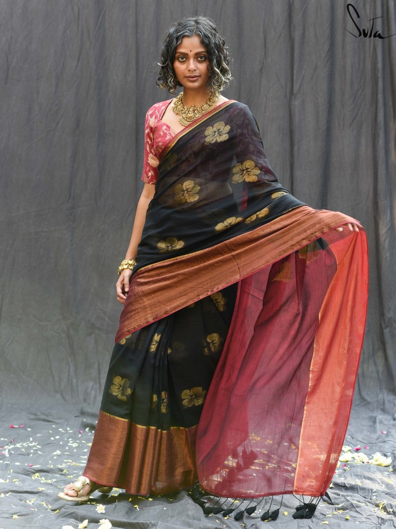 Cotton Zari Floral Saree In Black|Asthir Jawa Kusum|Suta