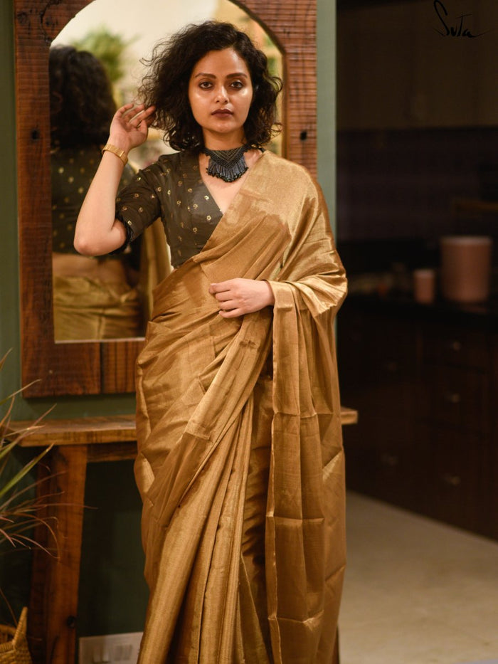 Golden Chanderi Silk Saree With Zari|Aurum|Suta