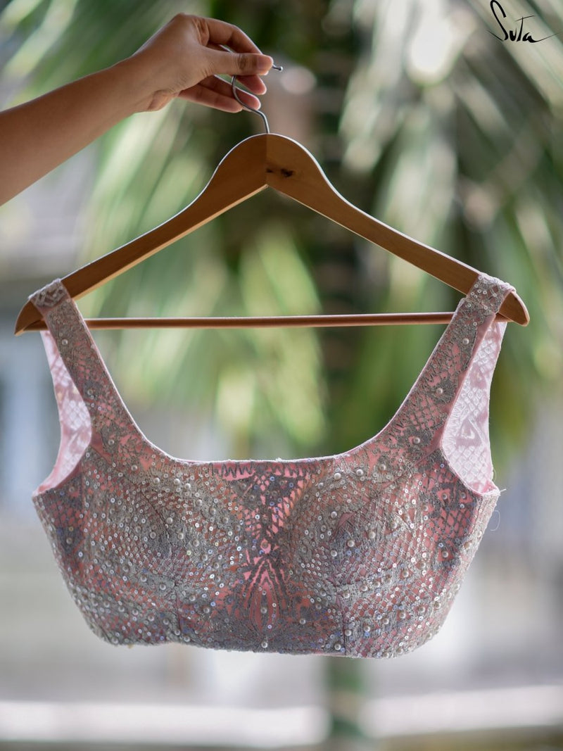 U Neck Sequins Sleeveless Blouse In Pink|Baby Pink Glitz|Suta