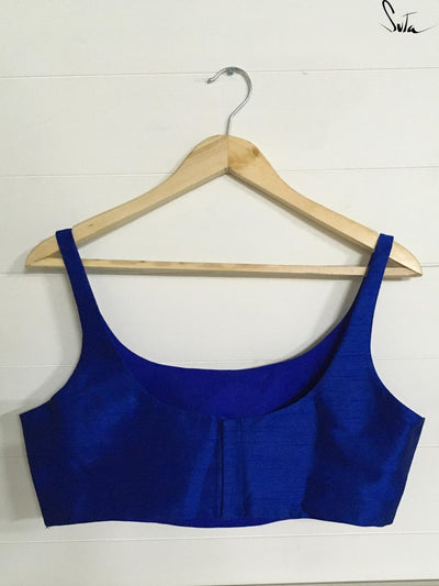 U Neck Padded Silk Sleeveless Blouse In Blue|Basic Blue|Suta