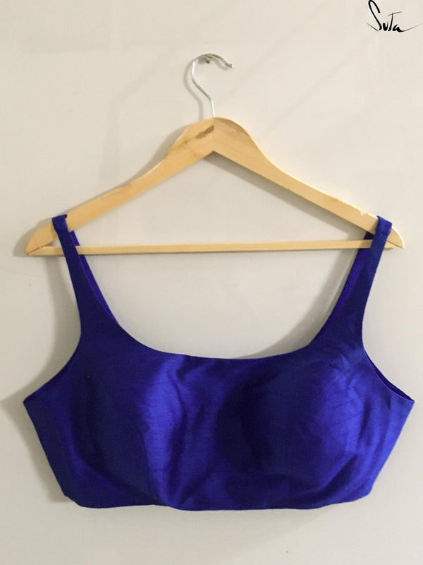 U Neck Padded Silk Sleeveless Blouse In Blue|Basic Blue|Suta