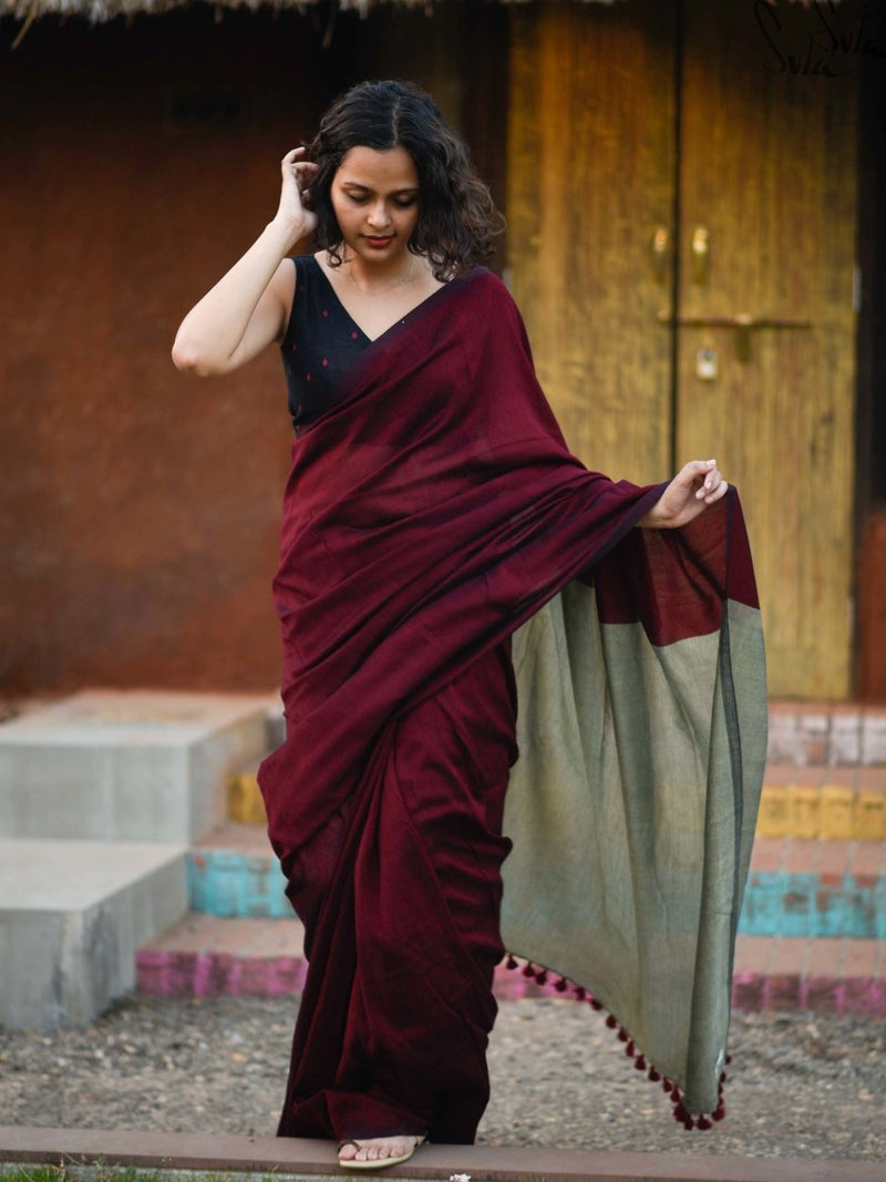 Soft Cotton Maroon Saree With Tassels|Beet And Turnip|Suta