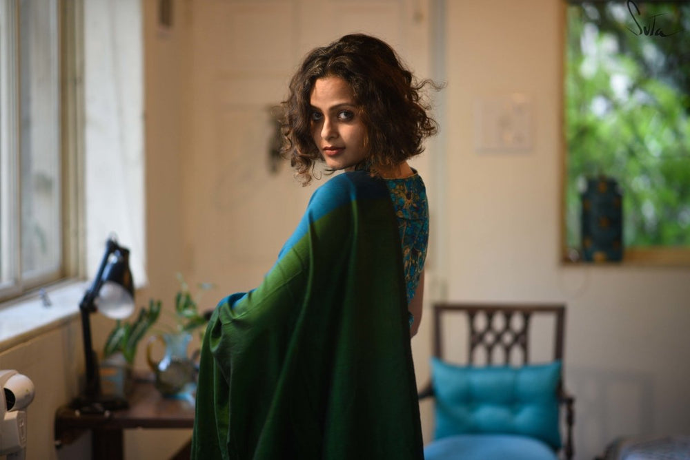 Cotton Acrylic Green And Blue Saree|Bells Of Ireland|Suta