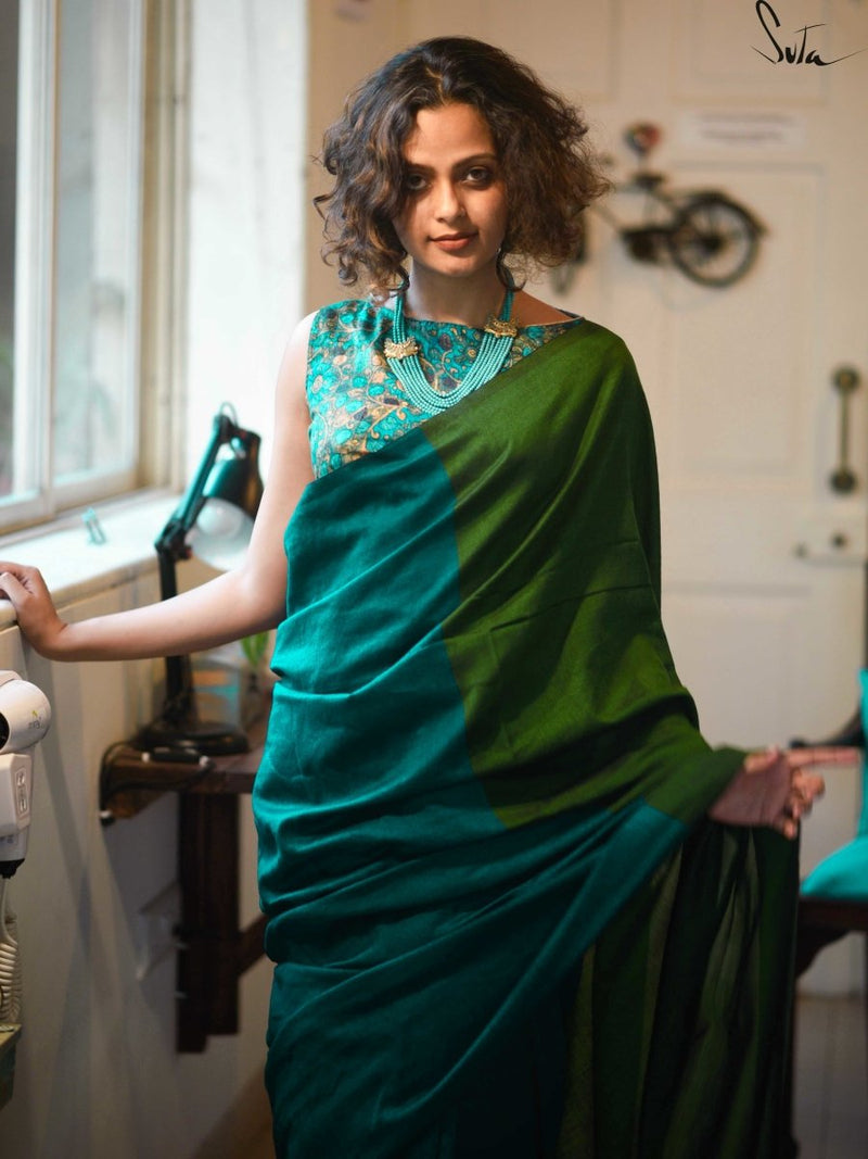 Cotton Acrylic Green And Blue Saree|Bells Of Ireland|Suta