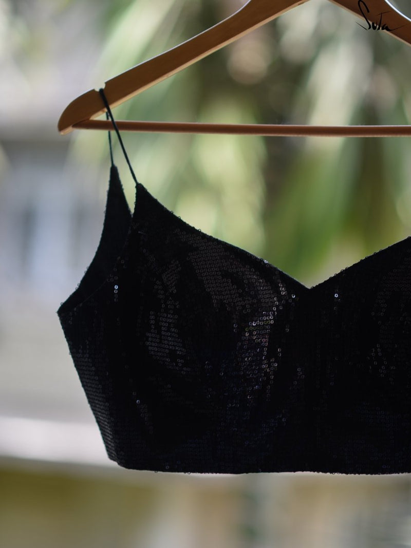 Polyester Black Sleeveless Blouse With Strap|Black Glitz|Suta