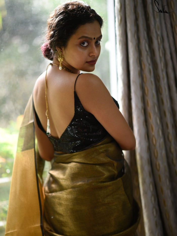 Polyester Black Sleeveless Blouse With Strap|Black Glitz|Suta