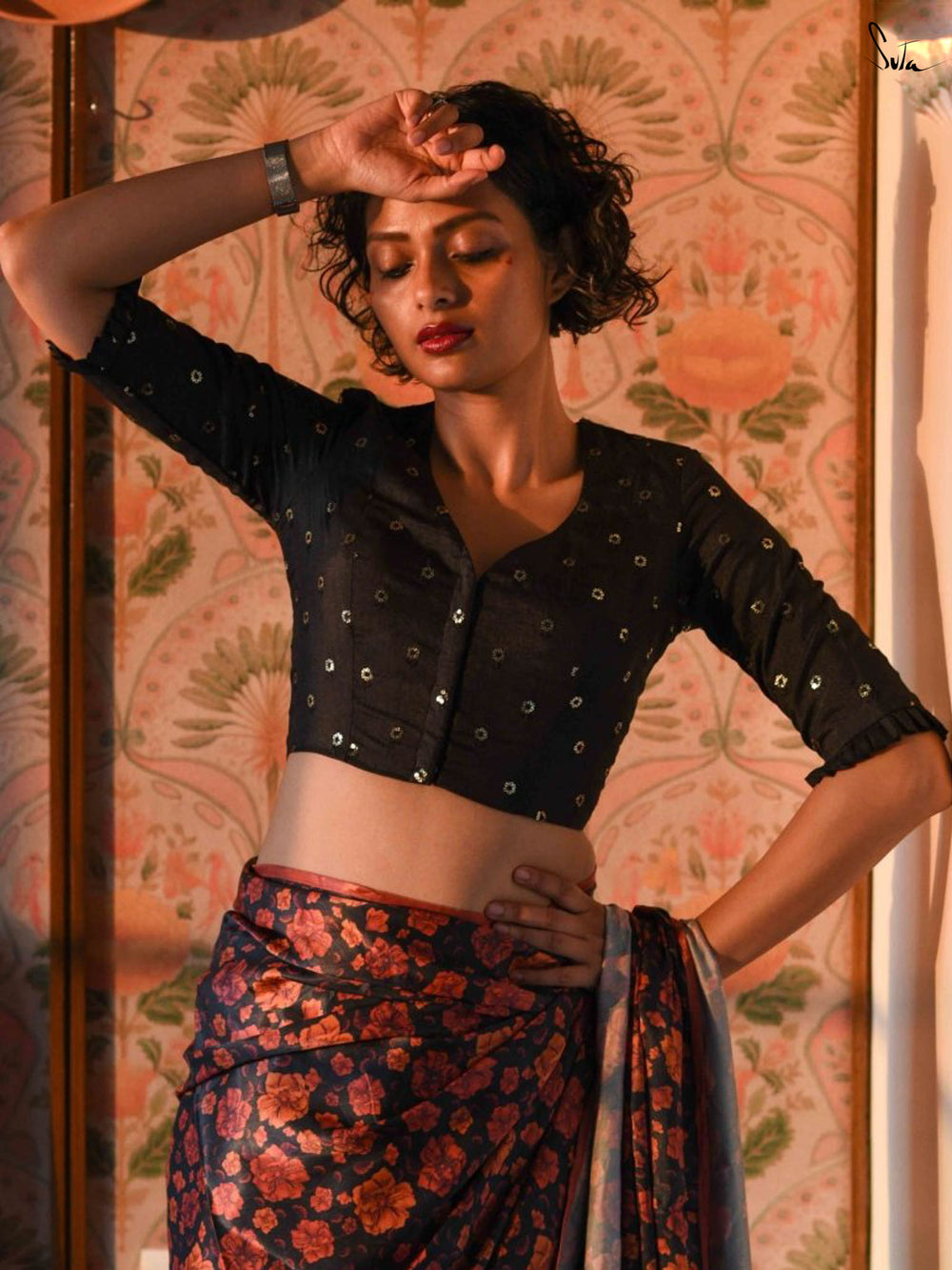 Art Silk Padded Designer Blouse In Black|Black Stars|Suta