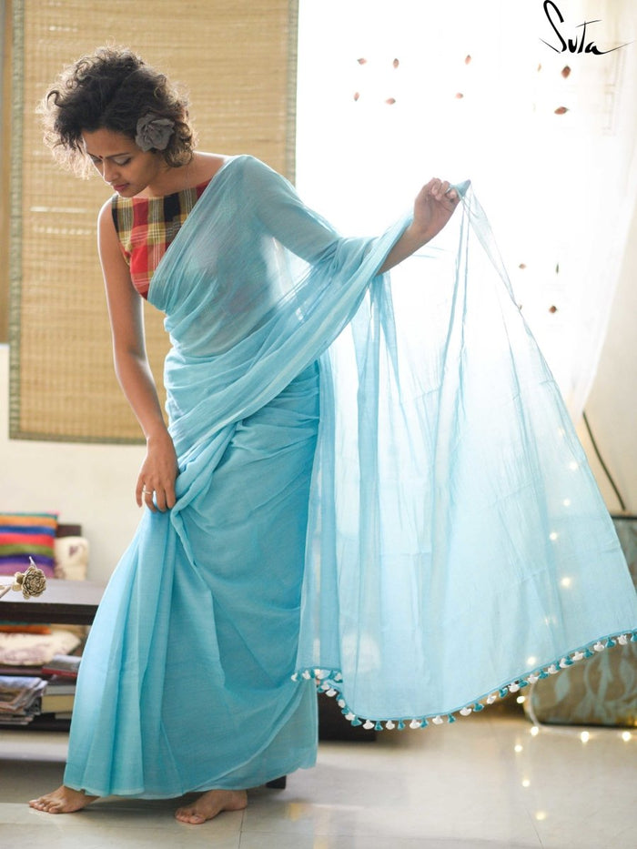 Soft Mul Cotton Transparent Sky Blue Saree|Blue Field|Suta