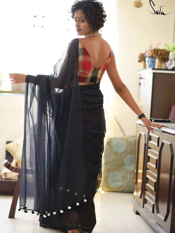 Mulmul Cotton Transparent Saree In Black|Bold Black|Suta