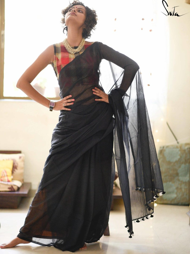 Mulmul Cotton Transparent Saree In Black|Bold Black|Suta
