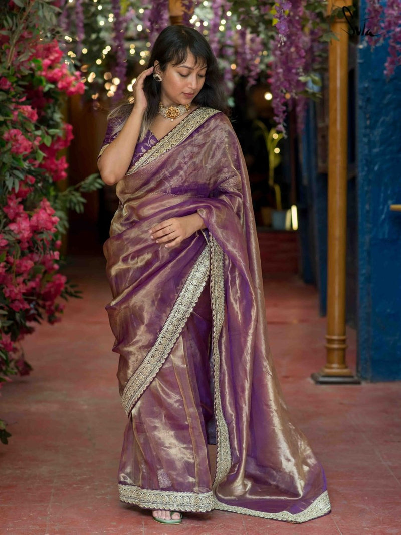 Shimmering Purple Chanderi Silk Saree With Lace|Cashmere|Suta