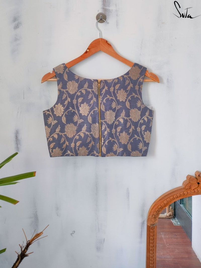 Silk Grey Sleeveless Blouse With V Neck|Chandra Kamal|Suta