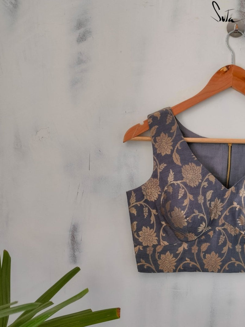 Silk Grey Sleeveless Blouse With V Neck|Chandra Kamal|Suta