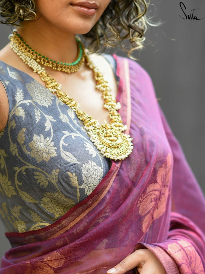 Silk Grey Sleeveless Blouse With V Neck|Chandra Kamal|Suta