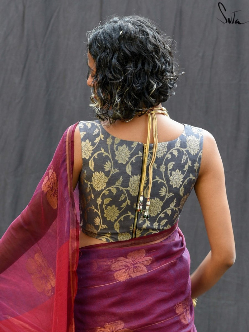 Silk Grey Sleeveless Blouse With V Neck|Chandra Kamal|Suta