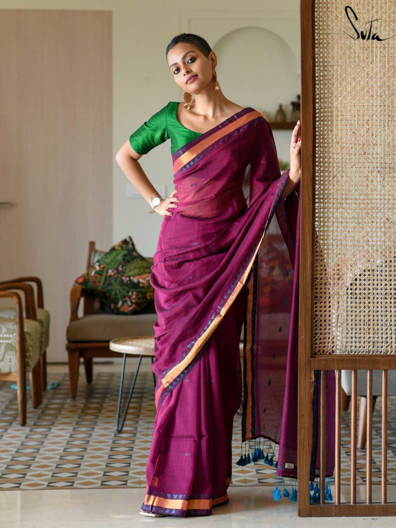 Mul Cotton Maroon Saree With Tassels|Cherry Blossom Kiss|Suta