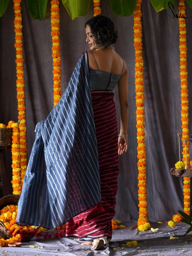Cotton Acrylic Striped Maroon Saree|Chingaari Chaandni|Suta