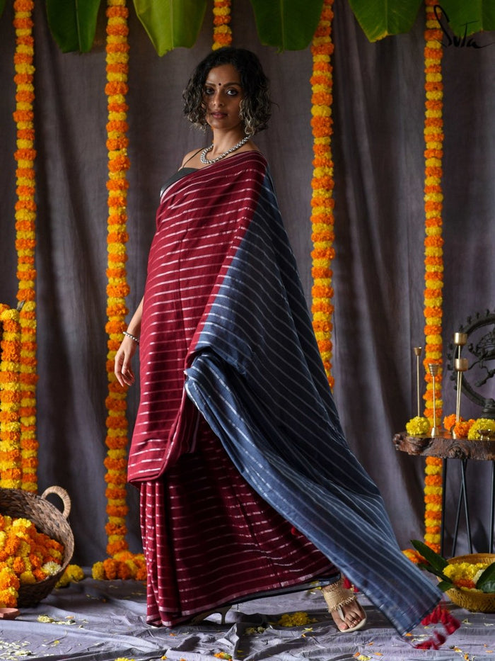 Cotton Acrylic Striped Maroon Saree|Chingaari Chaandni|Suta