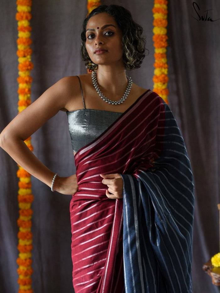 Cotton Acrylic Striped Maroon Saree|Chingaari Chaandni|Suta