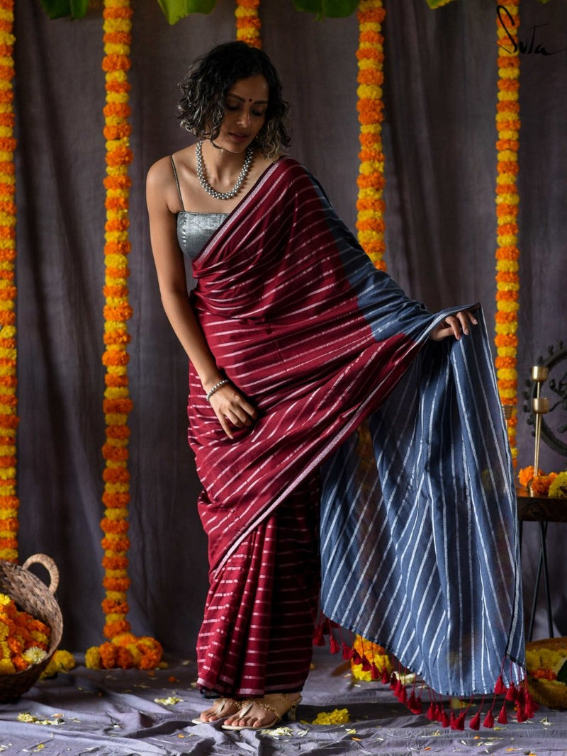 Cotton Acrylic Striped Maroon Saree|Chingaari Chaandni|Suta