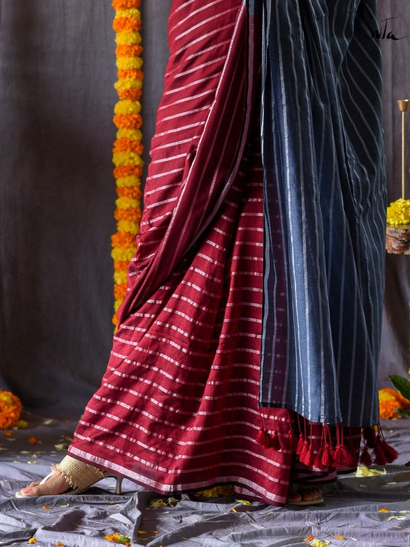 Cotton Acrylic Striped Maroon Saree|Chingaari Chaandni|Suta