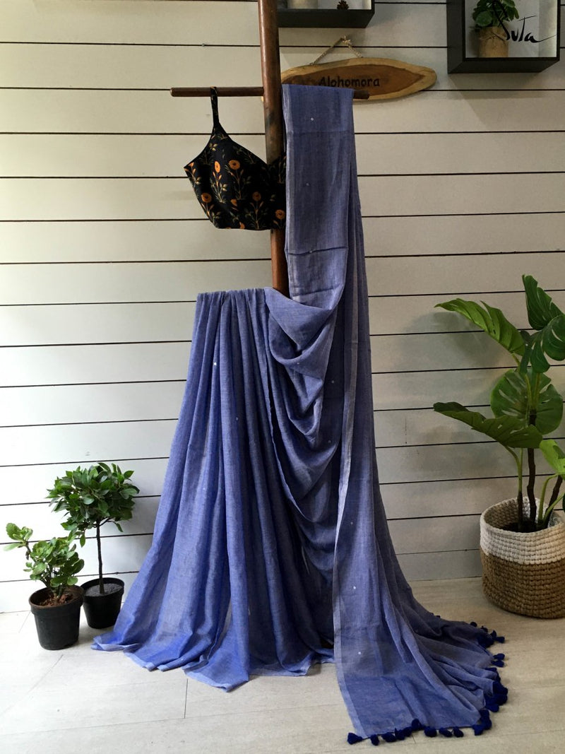 Mul Cotton Blue Saree With Sequins|Deep Blue Sea Chumki|Suta