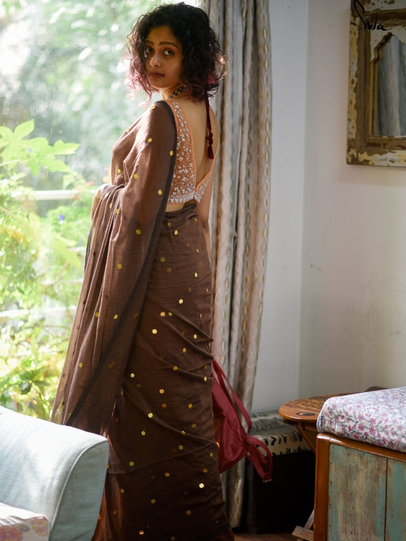 Mulmul Cotton Brown Sequin Saree|Dirty Star|Suta