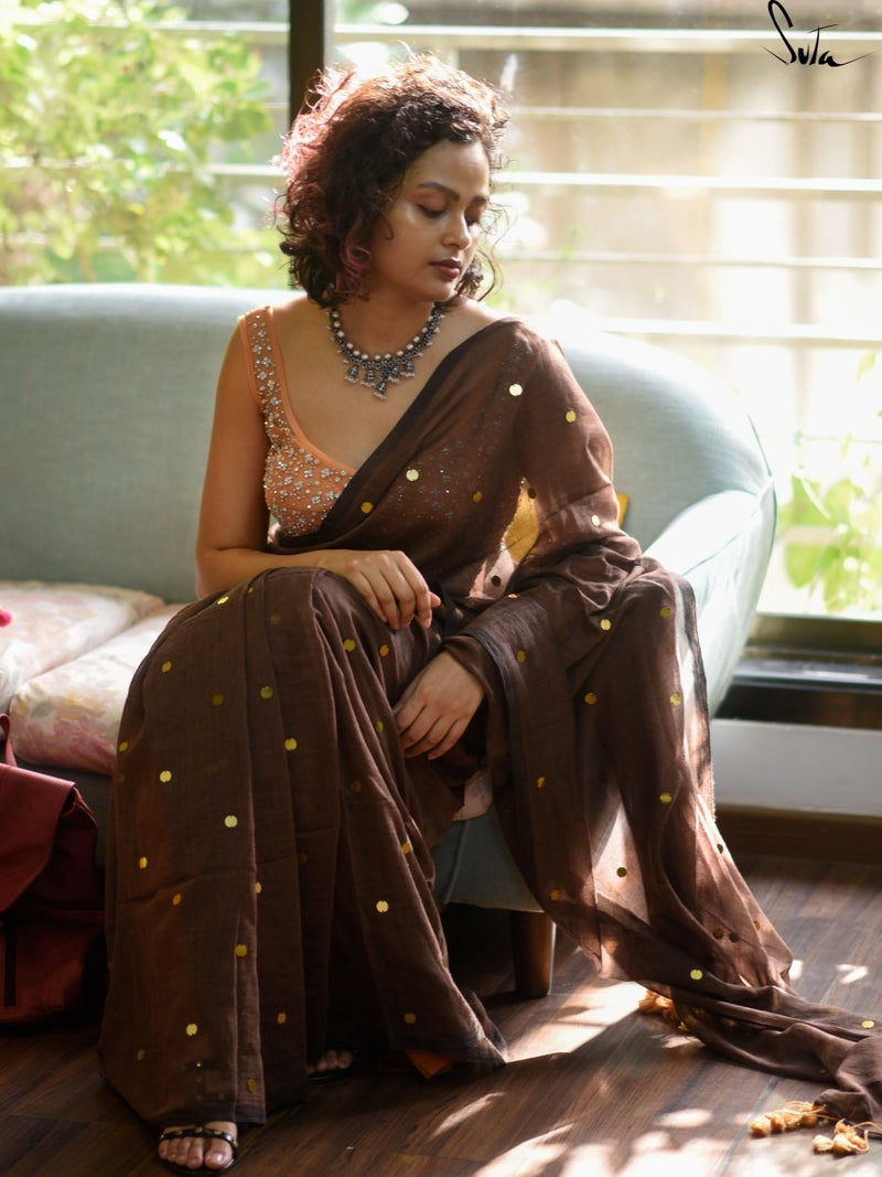 Mulmul Cotton Brown Sequin Saree|Dirty Star|Suta