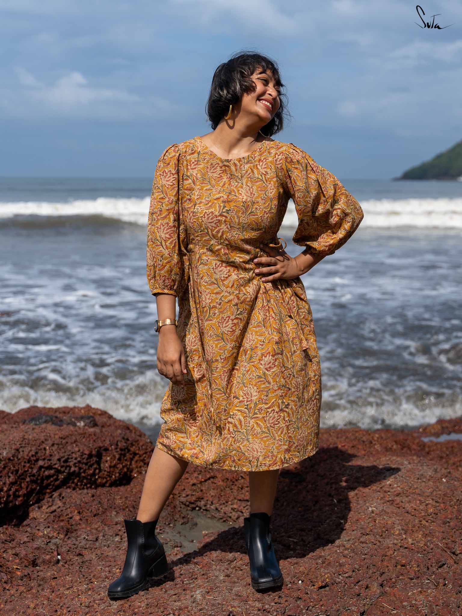 Puff Sleeved Cotton One Piece Floral Dress|Dizzy Youtan|Suta