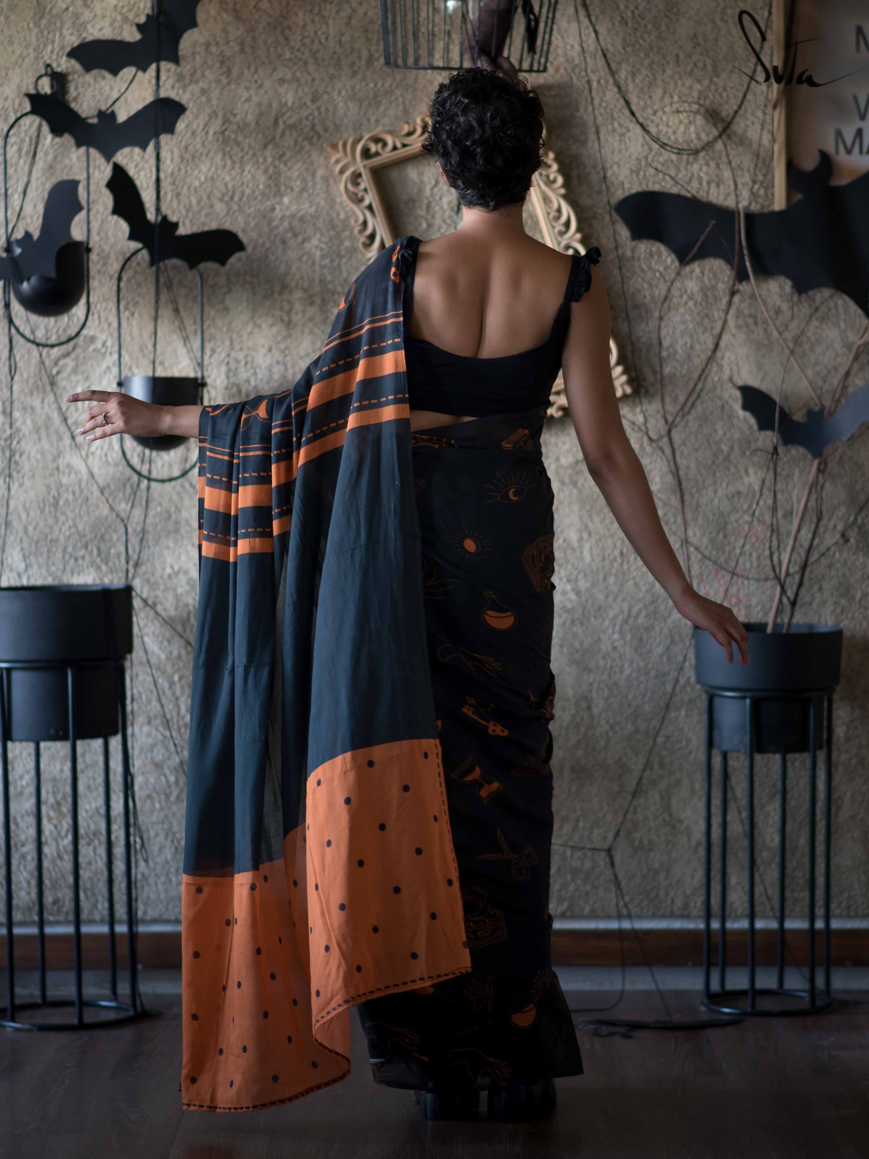Mulmul Cotton Printed Fancy Design Black Saree|Ghoul|Suta