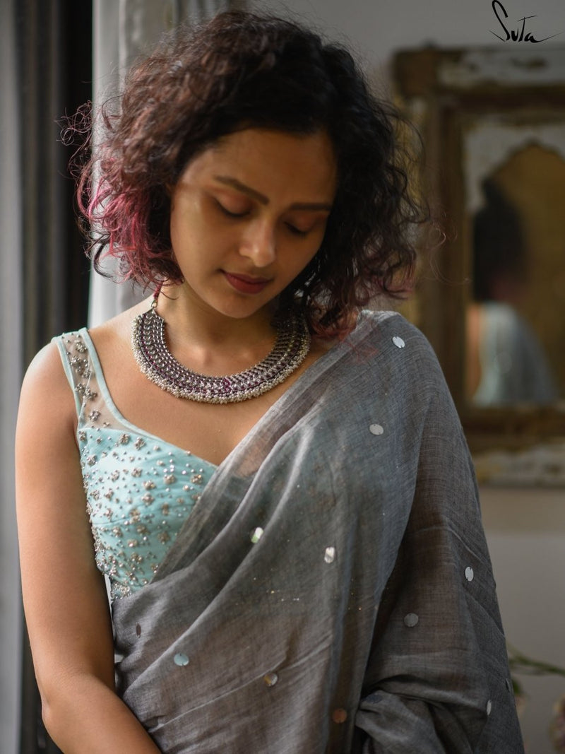 Cotton Grey Sequin Saree For Party Wear|Gloomy Star|Suta