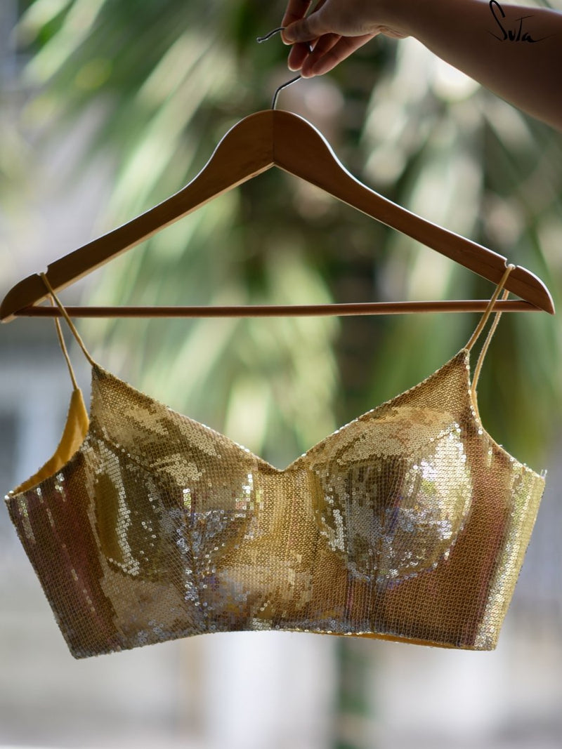 Sleeveless Glittery Golden Blouse With V Neck|Gold Glitz|Suta