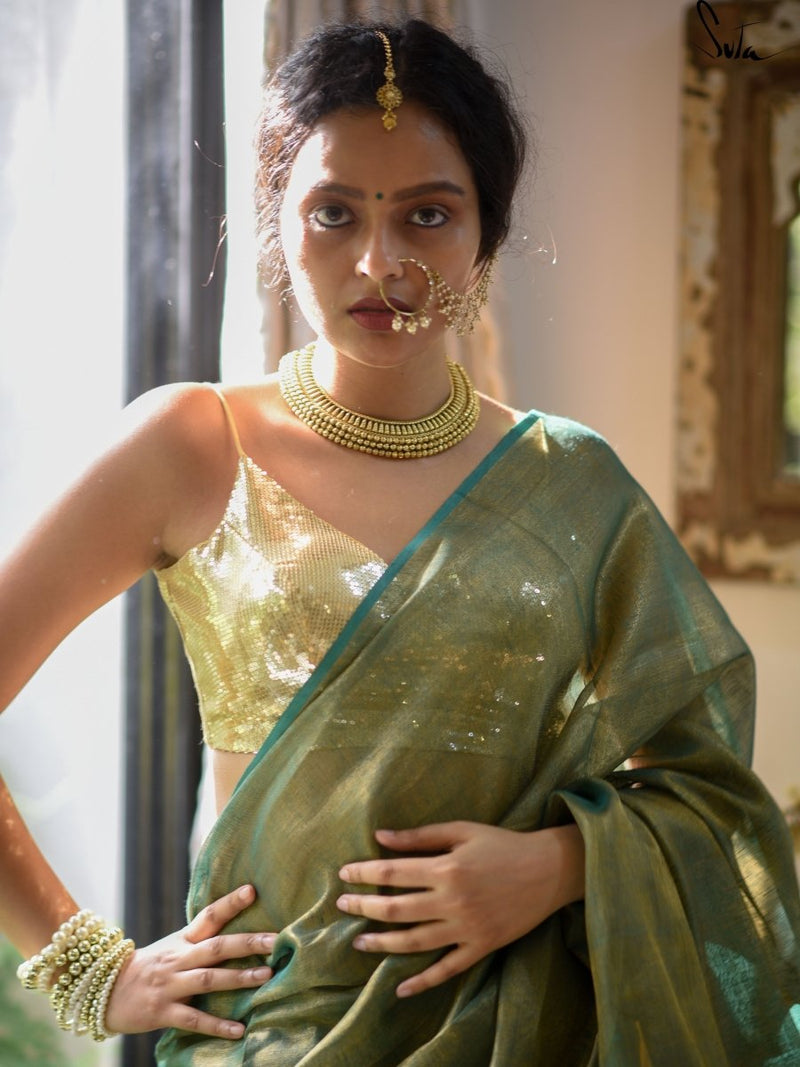 Sleeveless Glittery Golden Blouse With V Neck|Gold Glitz|Suta