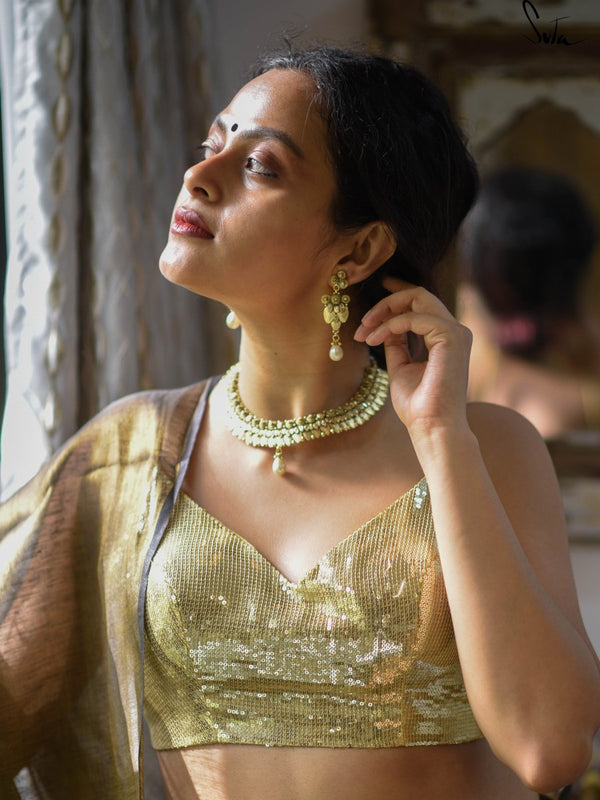 Sleeveless Glittery Golden Blouse With V Neck|Gold Glitz|Suta
