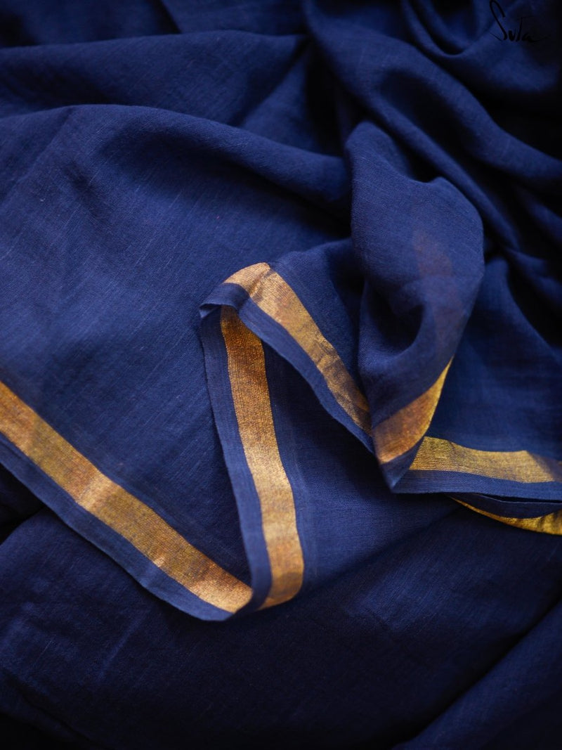 Golden Zari Border Cotton Navy Blue Saree|Golden Lining|Suta