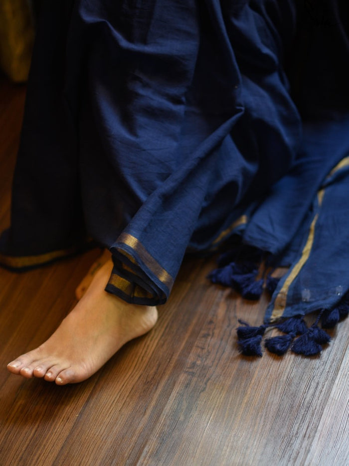 Golden Zari Border Cotton Navy Blue Saree|Golden Lining|Suta